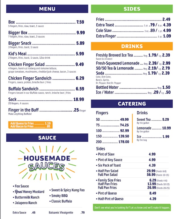 Foosackly's Menu Auburn AL, Chicken Fingers in a Box, Delicious Salads ...